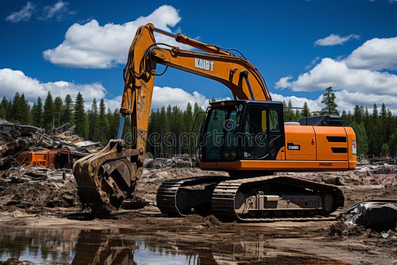 Excavator Digging Earth Under Open Sky, Heavy Machinery Working ...