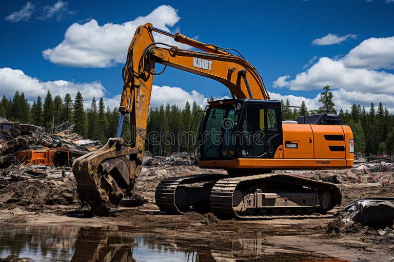 Excavator Digging Earth Under Open Sky, Heavy Machinery Working ...