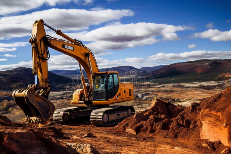Excavator Digging Earth Under the Open Sky on a Sunny Day in a ...