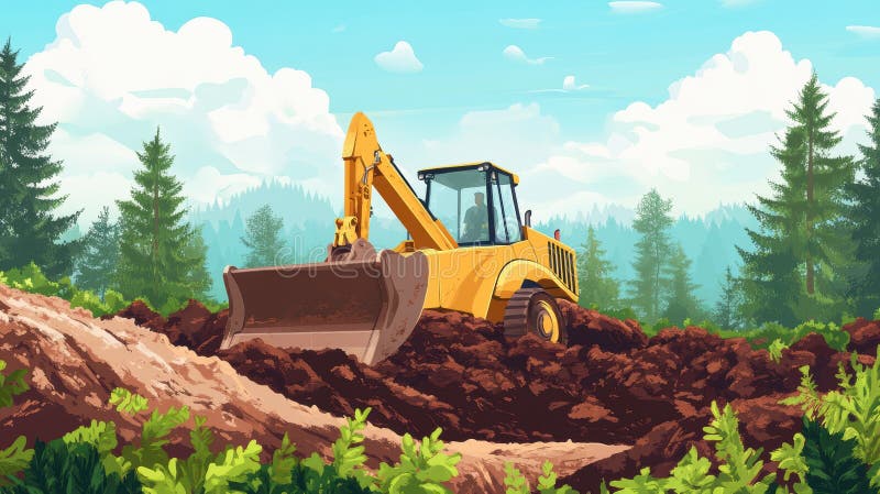 Excavator Digging Earth in a Vibrant Lush Forest Setting Stock ...