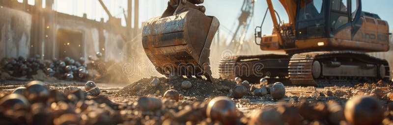Excavator Digging through a Field of Large Spheres on a Construction ...