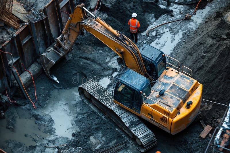 Construction Worker Supervising Excavator Digging Foundation Trench ...