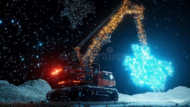 Excavator Digging Glowing Digital Earth Under Starry Night Sky ...