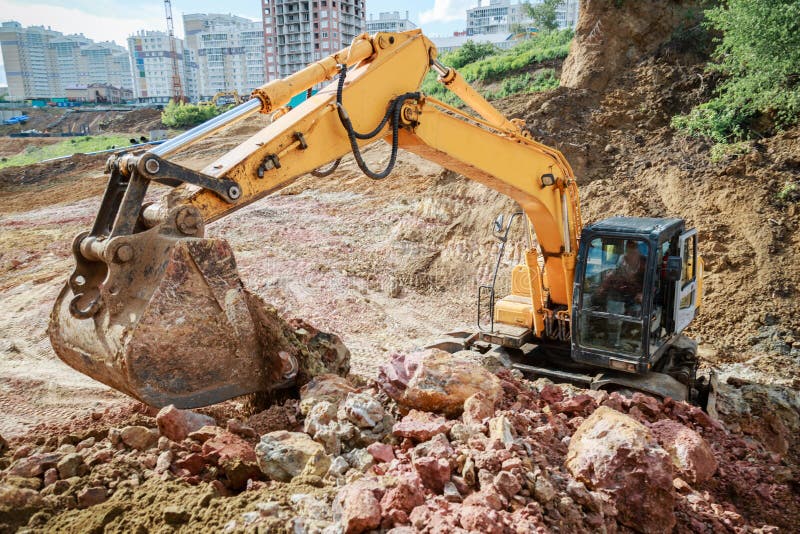 Excavator Digging the Ground. Bucket Closeup Stock Image - Image of ...