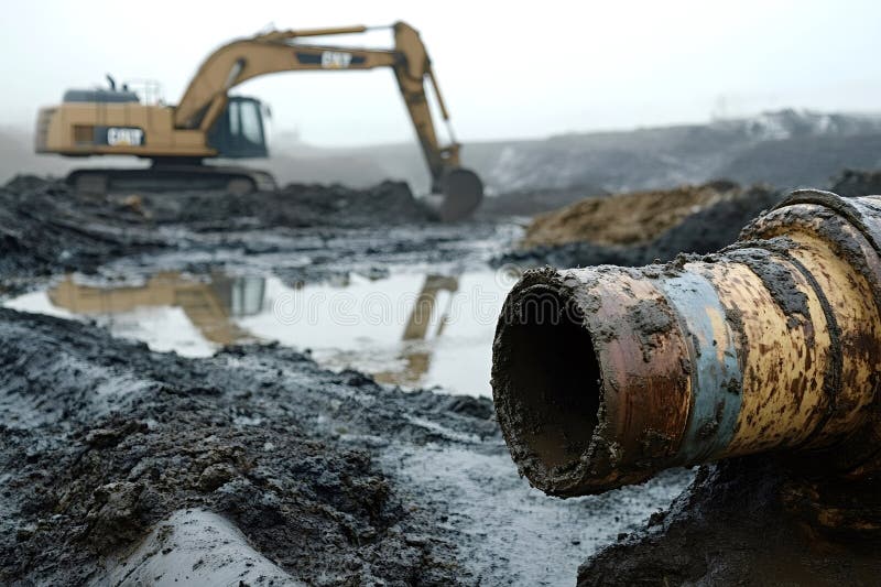 Excavator Digging and Laying Pipes in Muddy Construction Site Stock ...