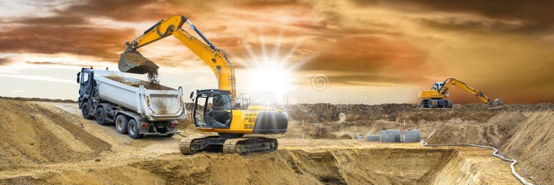 Excavator is Digging and Loading at Construction Site Stock Image ...