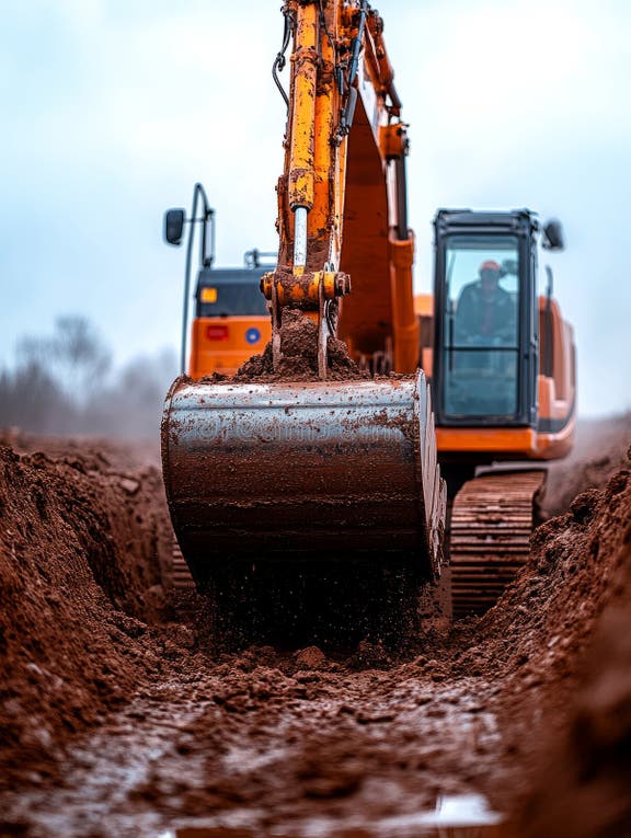 Excavator Digging in a Muddy Construction Site Under a Cloudy Sky ...