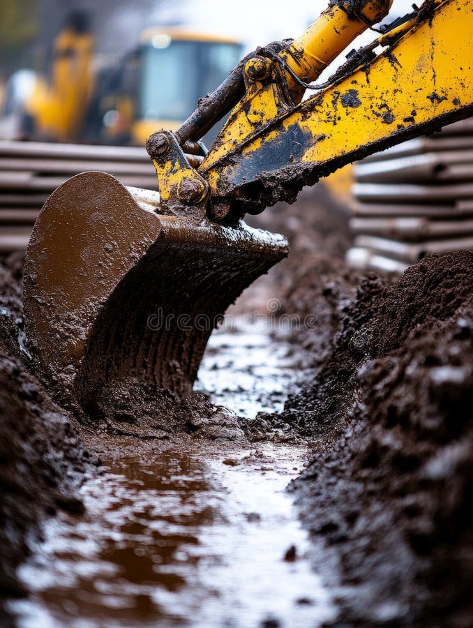 Excavator Digging in Muddy Earth at a Construction Site. Stock Image ...