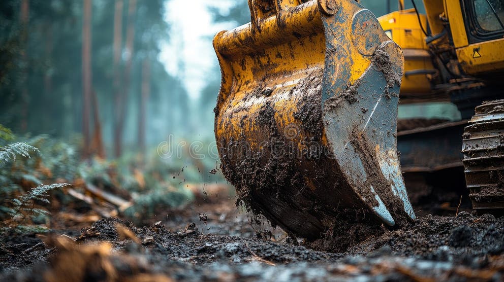 Excavator Digging in Muddy Forest during a Construction Project. Stock ...