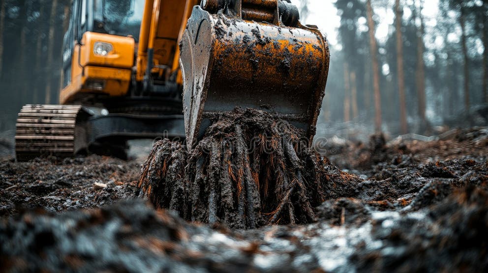 Excavator Digging through Muddy Forest Terrain. Stock Image - Image of ...
