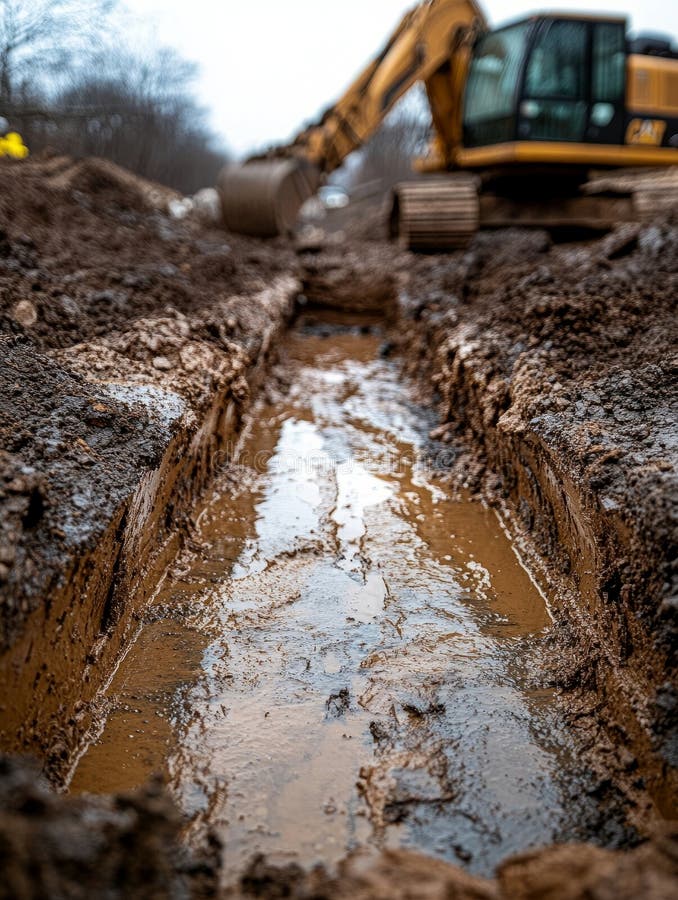 Excavator Digging a Muddy Trench at a Construction Site. Stock Photo ...
