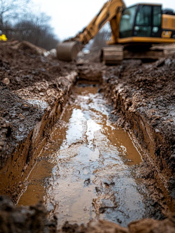 Excavator Digging a Muddy Trench at a Construction Site. Stock Photo ...