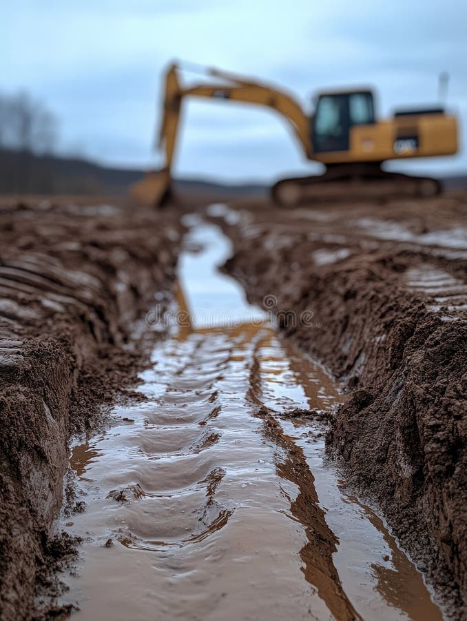 Excavator Digging Muddy Trench on a Construction Site Under Cloudy Sky ...