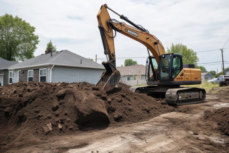 Excavator Digging into Pile of Dirt and Rocks Stock Illustration ...