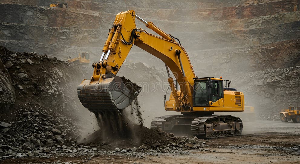 Excavator Digging at Quarry during Construction and Material Extraction ...