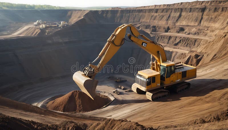 Excavator Digging in Quarry Pit with Heavy Equipment Vehicles Stock ...