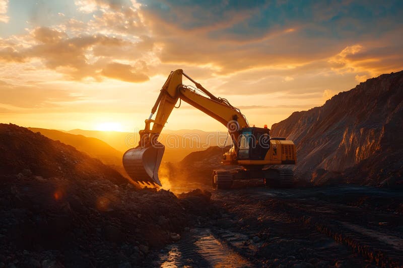 Excavator Digging in a Quarry at Sunset Stock Illustration ...