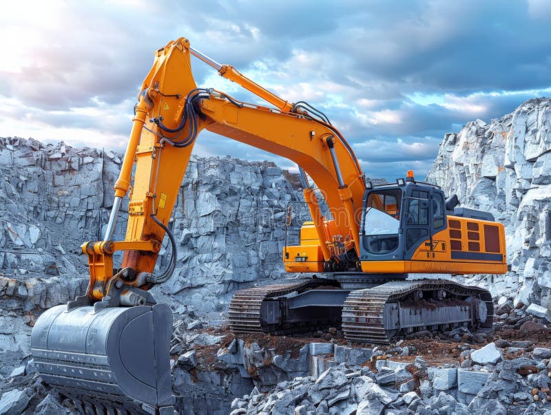 Excavator Digging in a Rocky Area with Overcast Sky Stock Image - Image ...