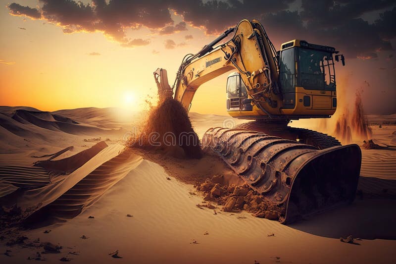 Excavator Digging into the Sand, with Desert Sunset in the Background ...