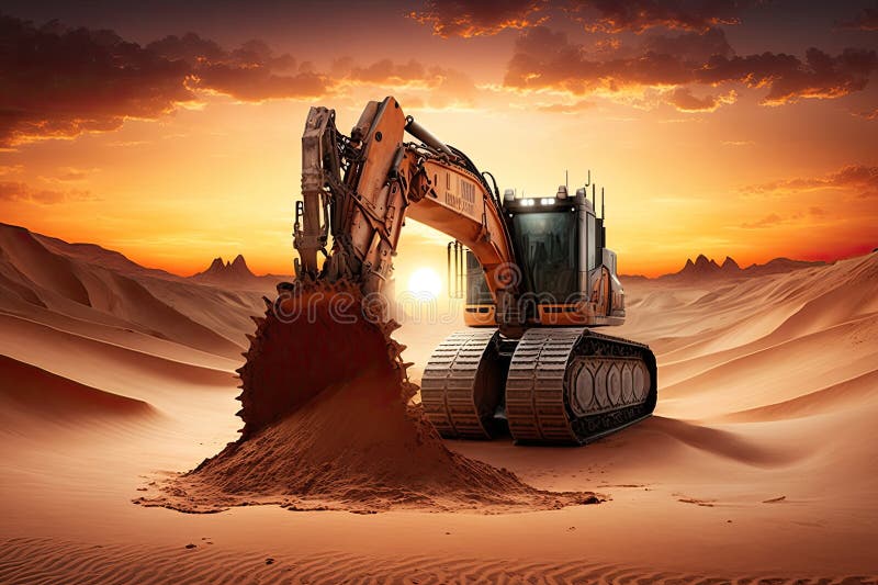 Excavator Digging into the Sand Dunes of Desert, with a View of Endless ...