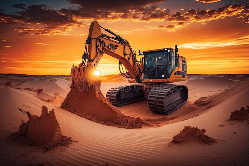Excavator Digging into the Sand, with Desert Sunset in the Background ...