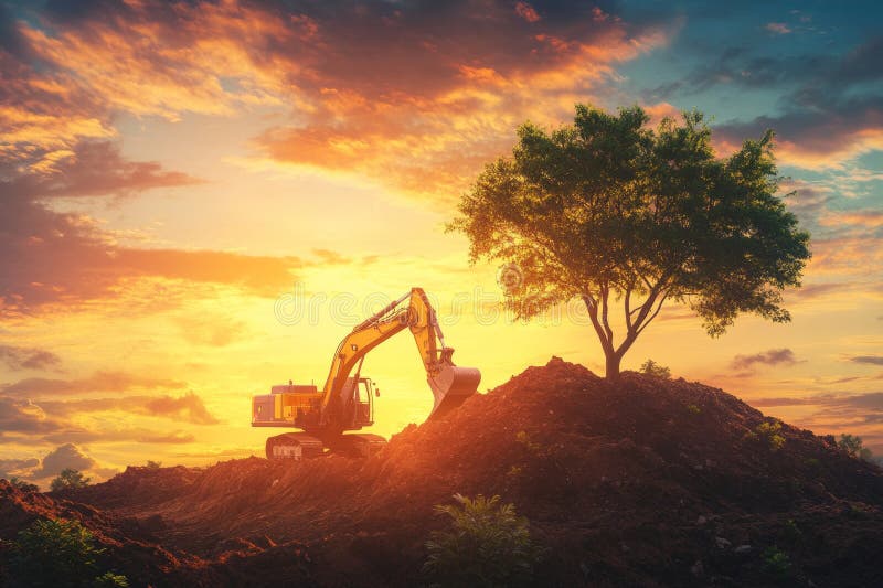 Generative Ai, Excavator Digging Soil at Dusk, Digging Soil for ...