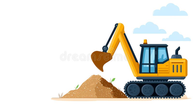 Excavator Digging Soil with Pile of Dirt and Clouds in Background Stock ...