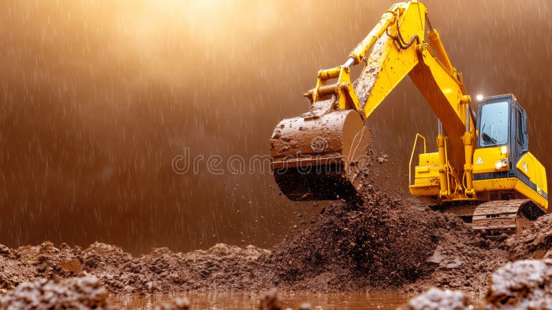 Excavator Digging Soil during Rainfall at Construction Site Stock ...
