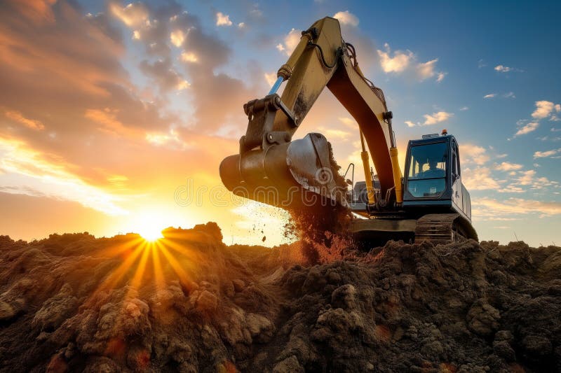 Excavator Digging Soil with Sun Setting Behind Stock Image - Image of ...