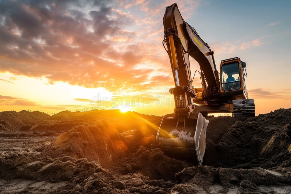 Excavator Digging Soil with Sun Setting Behind Stock Image - Image of ...