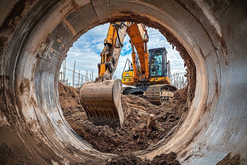 Excavator Digging through Large Pipe on Construction Site Stock ...