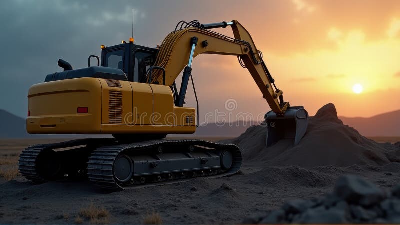 Excavator Digging at Sunset. Stock Illustration - Illustration of ...