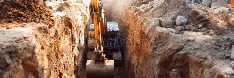 Excavator Digging a Trench in a Construction Site during Daylight Hours ...