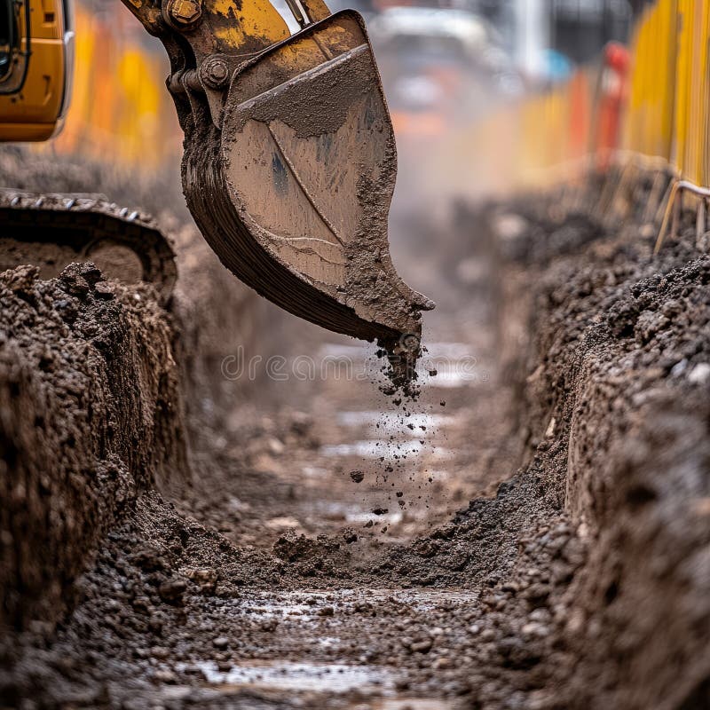 Excavator Digging Trench Construction Site Dirt Flying Stock Photos ...