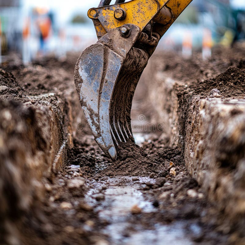 Excavator Digging a Trench at a Construction Site. Stock Photo - Image ...