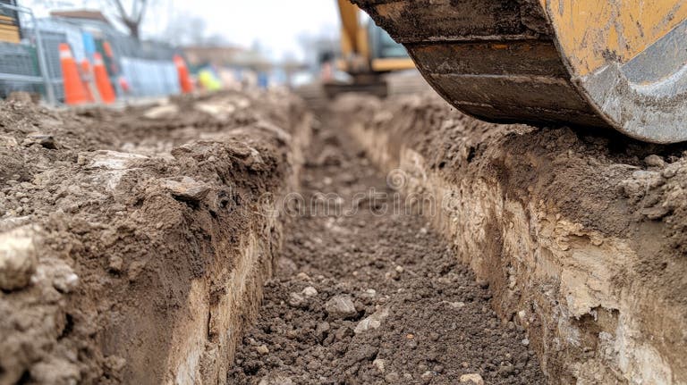 Excavator Digging Trench for Construction at a Work Site. Stock Photo ...