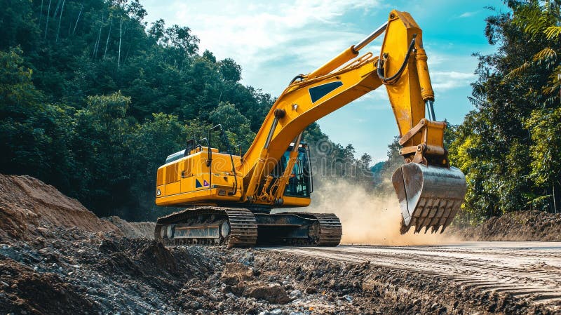 An Excavator Digging a Trench in a Forest As Sunlight Filters through ...