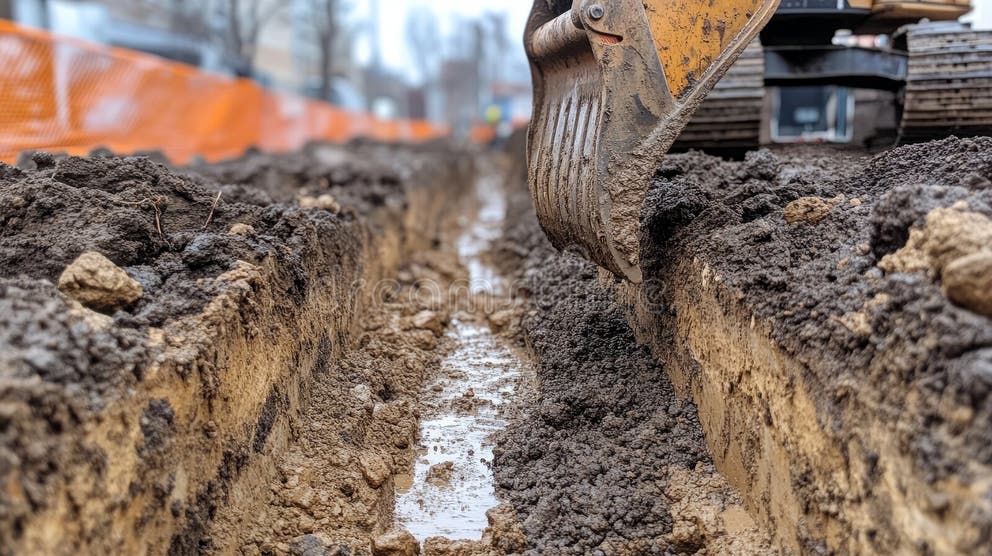 Excavator Digging a Trench in a Muddy Construction Site. Stock Photo ...