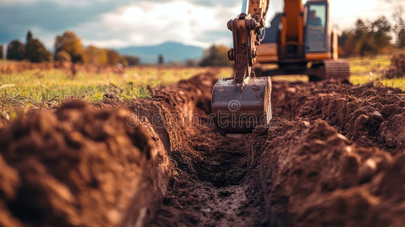 Excavator Digging Trench in Rural Field for Construction Project ...