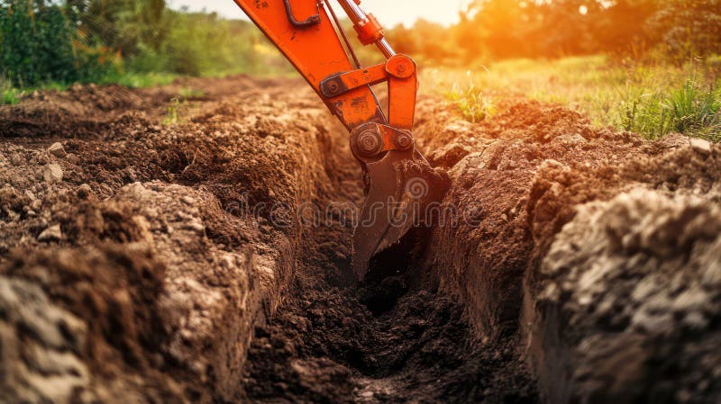 Excavator Digging Trench in Rural Field for Construction Project ...