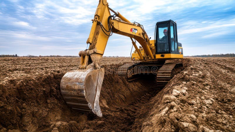 Excavator Digging Trench in Rural Field for Construction Project ...