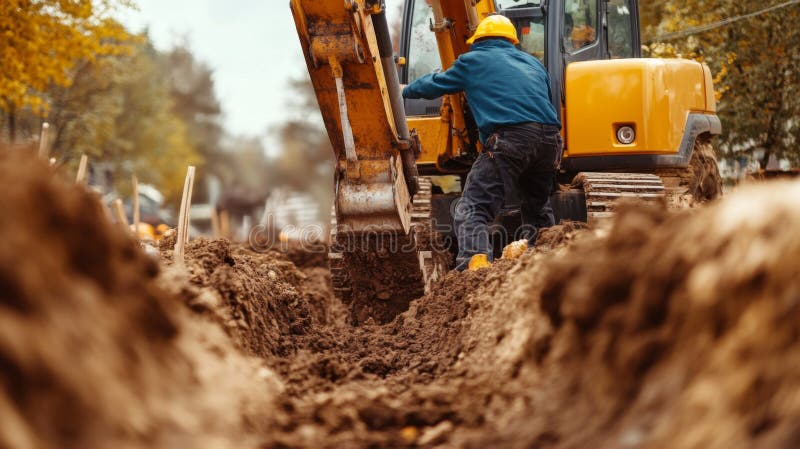 Excavator Digging a Trench with Worker Operating Machinery Stock ...