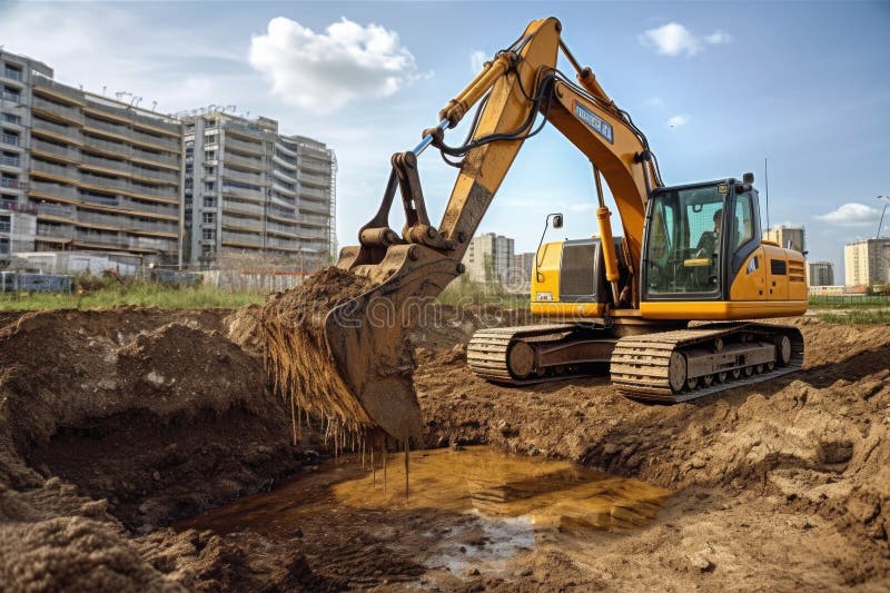 Excavator Digging Up Soil at Construction Site Stock Illustration ...