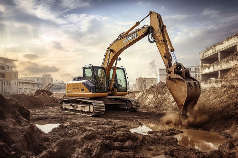 Excavator Digging Up Soil at Construction Site Stock Illustration ...