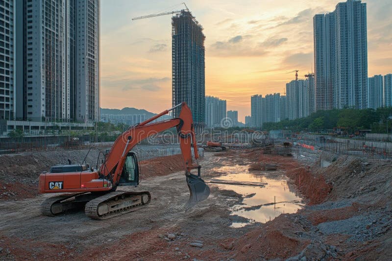 Excavator Digs at Construction Site Under Sunset Sky, Urban Development ...