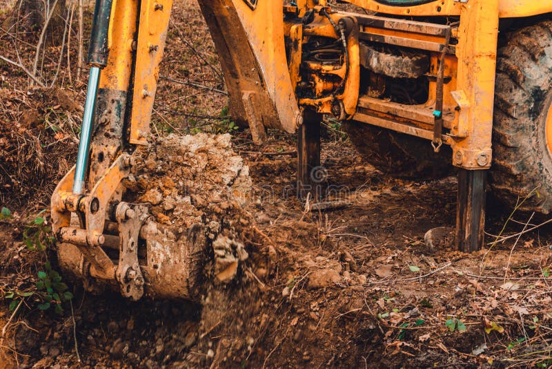 The Excavator Digs Soil into the Forest and Uproots the Roots of the ...