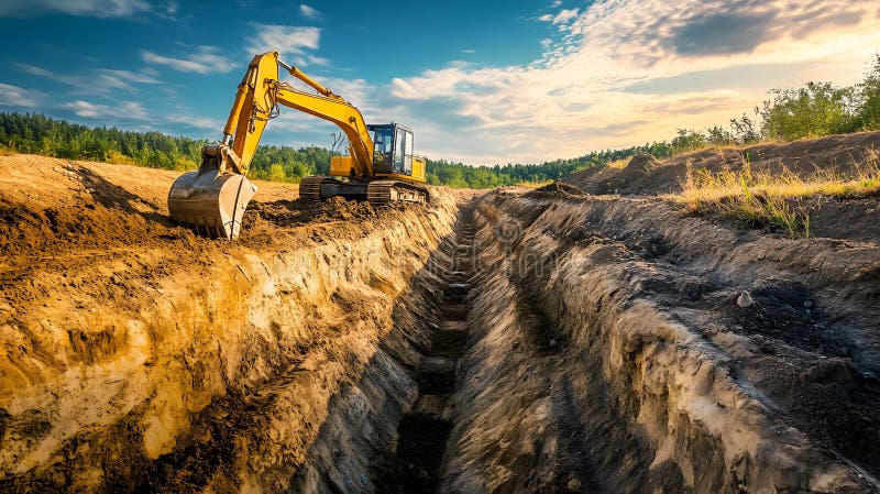 Excavator Digging a Trench in a Field at Sunset Stock Illustration ...