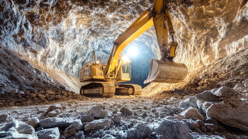 An Excavator Diligently Digs through Rocks and Dirt in a Deep ...