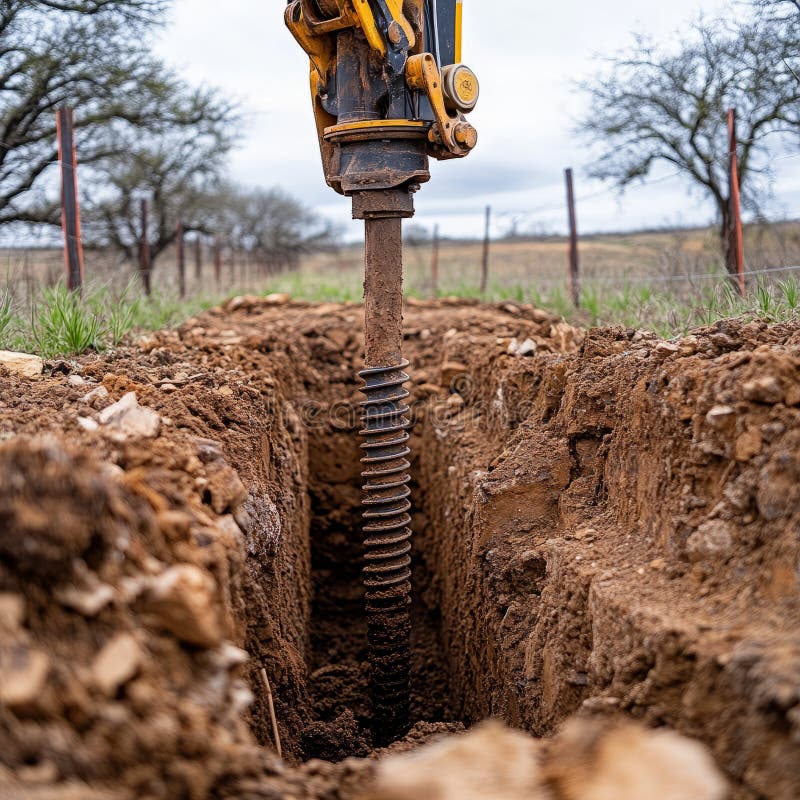 Excavator Drill Digging a Trench in a Rural Landscape. Stock Image ...