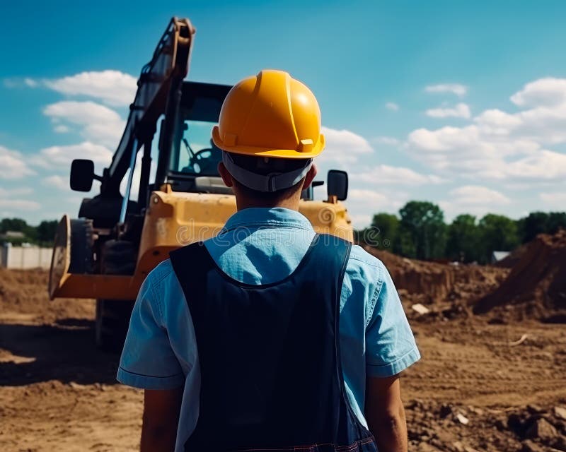 Excavator Driver Looking at His Vehicle. Rear View of a Worker at the ...